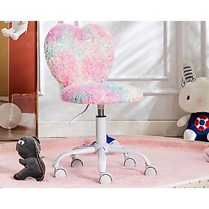 DAYALANE Fluffy Desk Chair with Wheels, Cute Kids Study Chair with Adjustable Height, Faux Fur Task Computer Chair Swivel Chair for Girls, Teen Rolling Chair for Bedroom, Vanity, Rainbow Pink