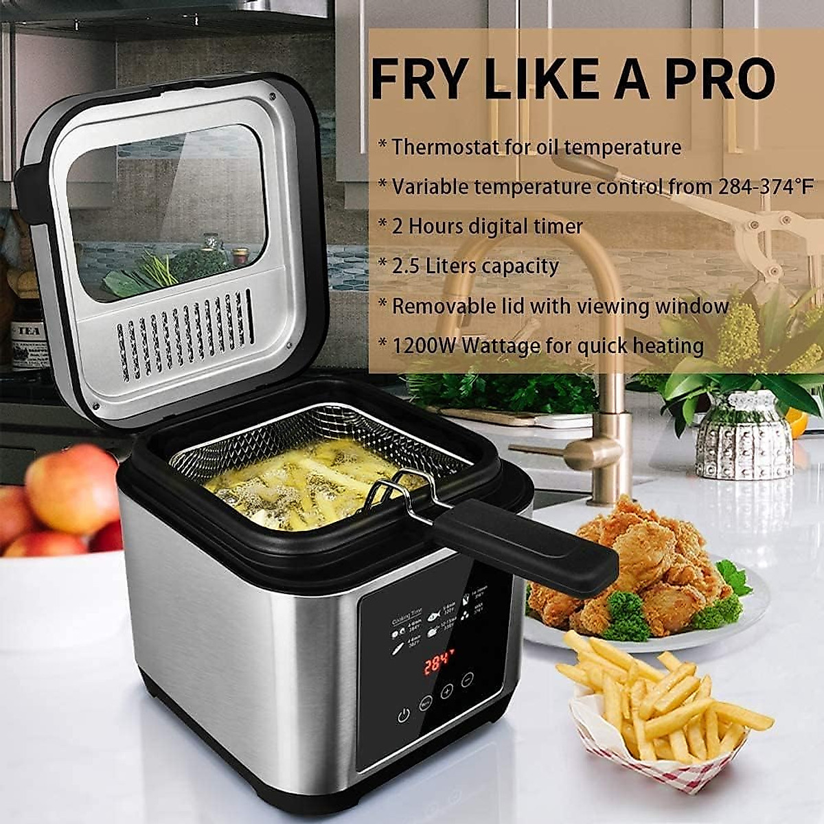 CUSIMAX Deep Fryer with Basket for Home Use,1200W Electric Fryer with LED Display Temperature Control,Removable Lid and 2.6QT Non-Stick Inner Pot,Stainless Steel,Silver