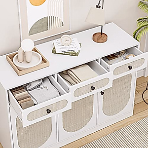 FOTOSOK Buffet Cabinet, Rattan Kitchen Cabinet with 3 Doors and 3 Drawers, Sideboard with Storage and Adjustable Shelves, Buffet Table for Dining Room Living Room Hallway