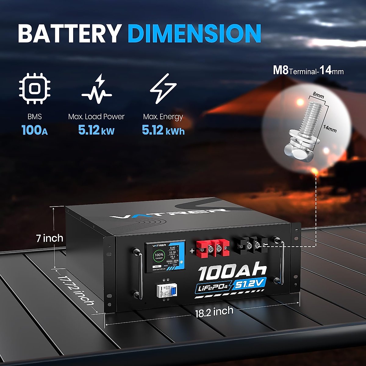 VATRER POWER 48V 100AH Lithium LiFePO4 Battery, Built-in 100A BMS, with Touchable Smart Display & Mobile APP, Max. 4800W Power Output, 5000+ Cycles, Perfect for Solar System &Off-Grid Applications