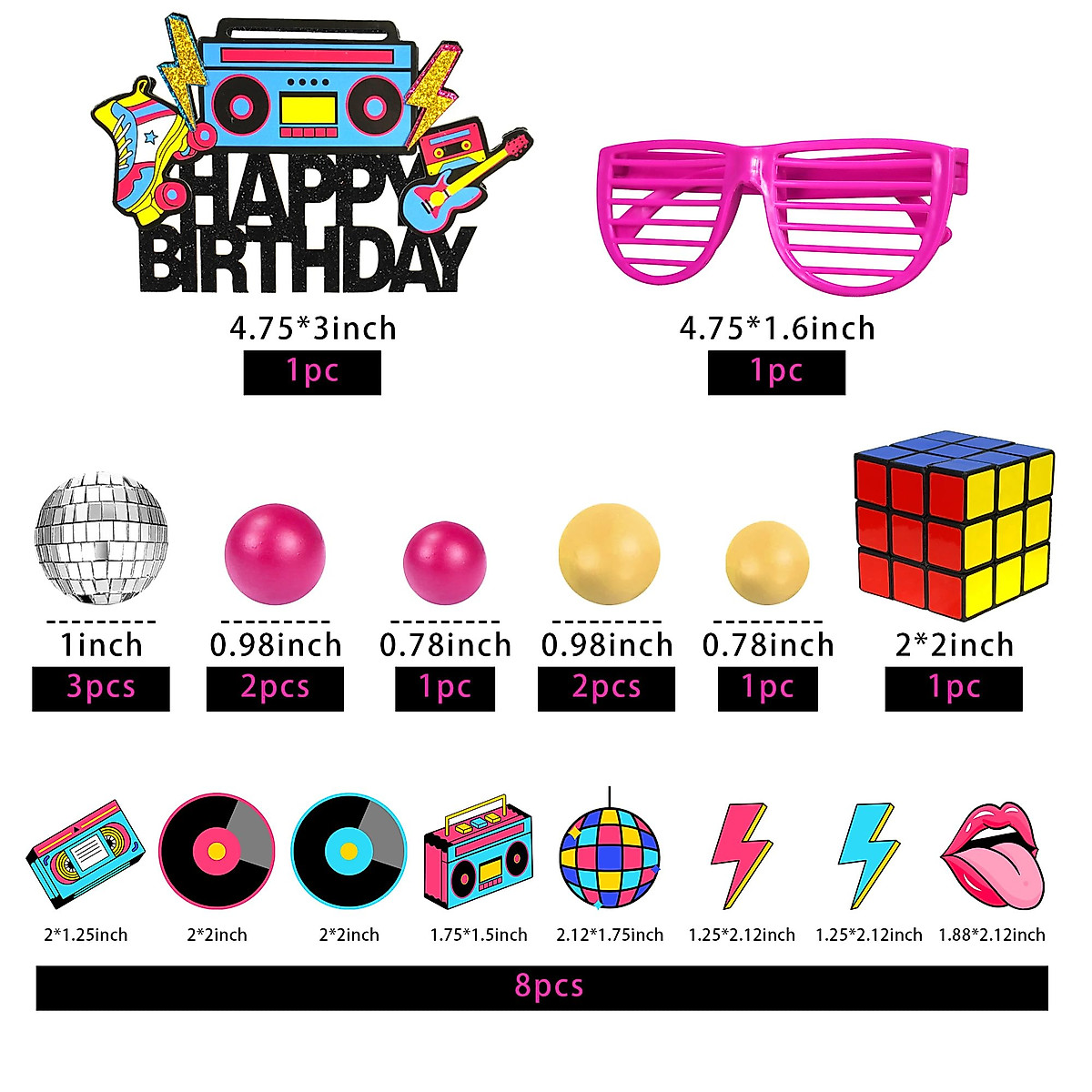 20 PCS 80s 90s Cake Toppers Retro Hip Hop Cake Decorations for Born in the 80's 90’s Decade Throwback Party Decorations Supplies (style 1)