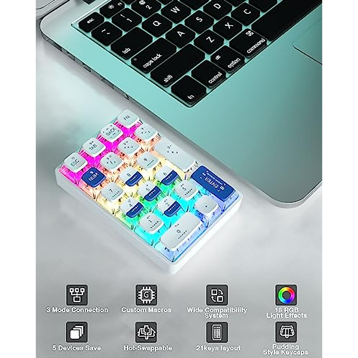 SOLAKAKA K21 RGB Backlit Tri-Mode Wireless Mechanical Number Pad Supports 3 Bluetooth/2.4GHz/Type C Wired,Hot Swappable 21 Keys Mechanical Numpad with Pudding Style PBT Keycaps