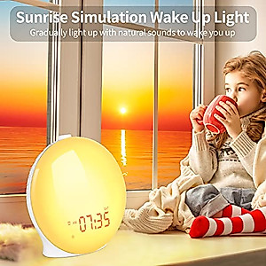 Exlush 2023 New Wake Up Light Sunrise Alarm Clock, Aurora Light for Kids, Heavy Sleepers,Sunrise Simulation, Sleep Aid, Dual Alarms, FM Radio, Snooze, Nightlight, Daylight, Natural Sounds