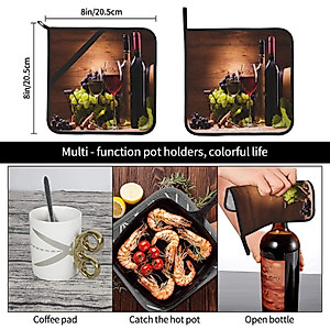 Vintage Glasses Grapes Pot Holders Sets, Kitchen Potholders for Cooking Baking BBQ Grilling (2-Piece Sets)