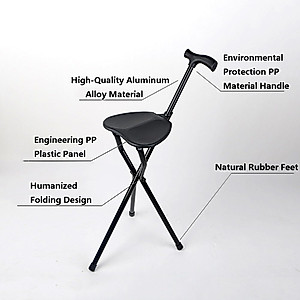 Folding Walking Stick Seat, Aluminium Cane Chair with Ergonomic Handle, Lightweight Non-Slip Crutch Stool for Elderly Seniors and Disabled 220 Lbs Capacity