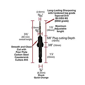 JNB Pro Wood Countersink Drill Bit Set JP0506, 5 Pc #6(9/64"), 2 Extra Bits 9/64 Tapered Drill Bit, 1 Adjustable Collar, 1 Wrench - 1/4" Quick Change Shank, Ideal Woodworking and Carpentry Tool Set