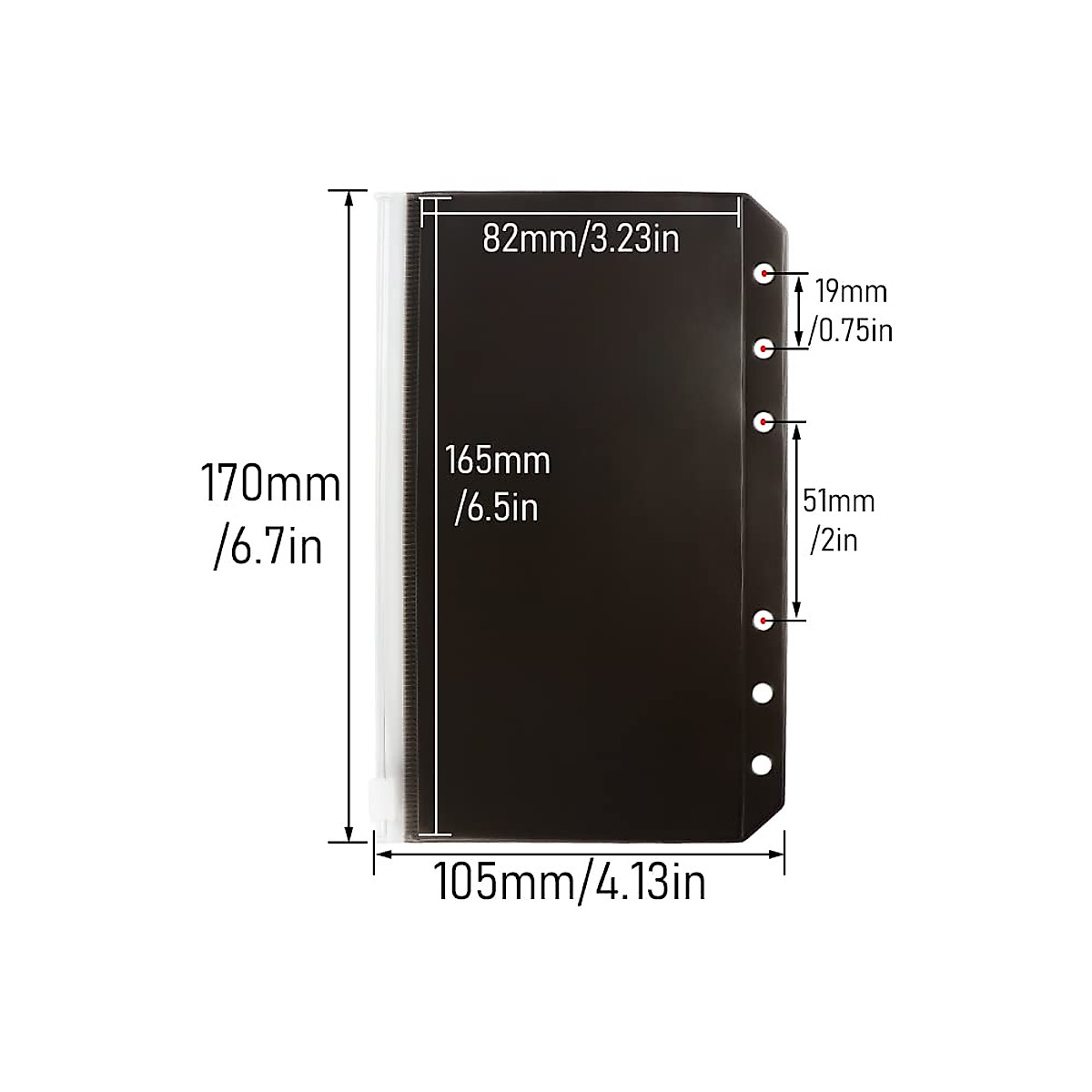 A6 Binder Pockets Black Zipper Pouches Translucent PVC Cash Budget Envelopes 12pcs 6 Hole Document Folders for A6 Binder, Cash Organizer Folder (A6)