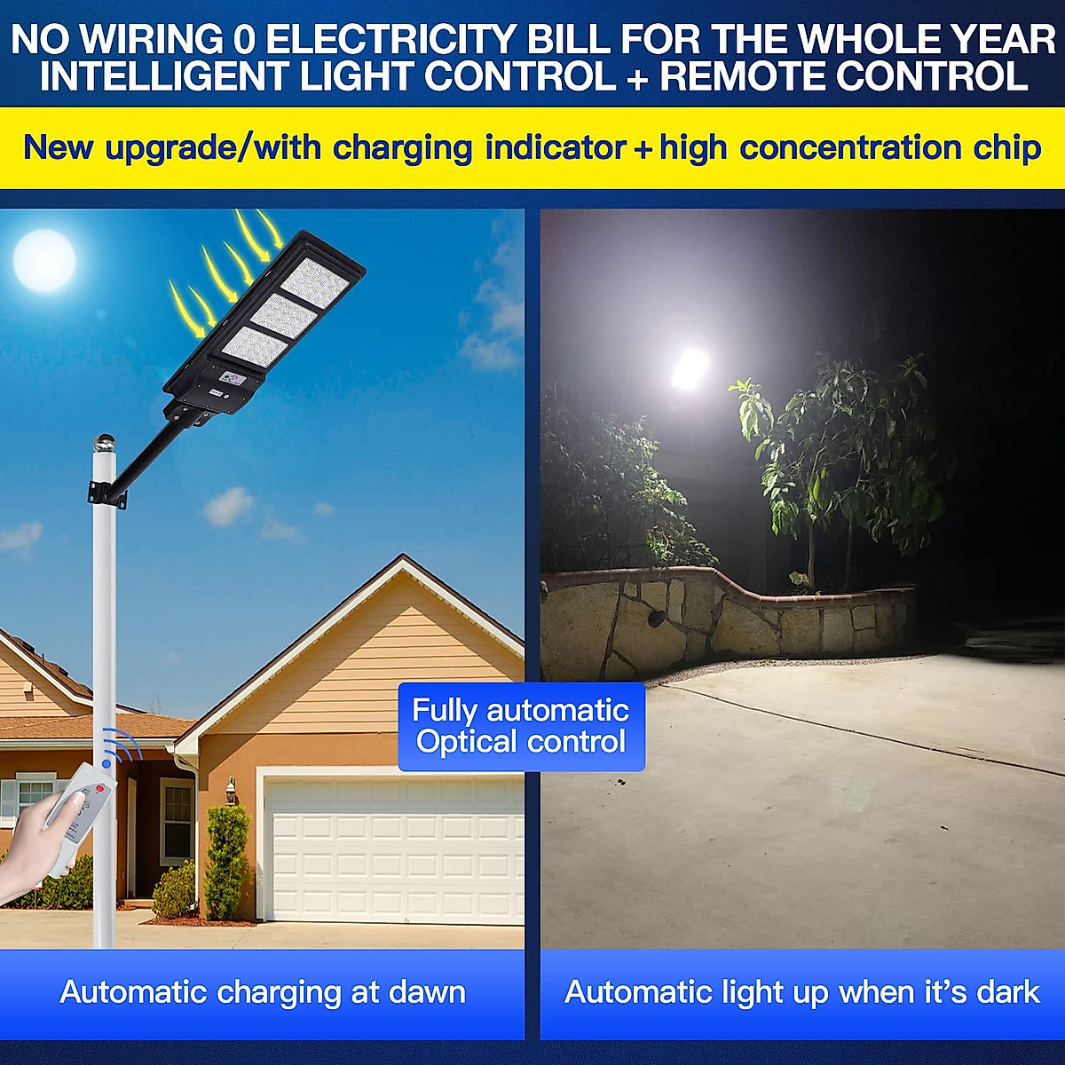 Vikrami 600W Solar Street Lights Outdoor Waterproof 60000LM, Dusk to Dawn, with Motion Sensor and Remote Control, Suitable for courtyards, Gardens, Streets, Garage, etc. Wall or Pole Mount