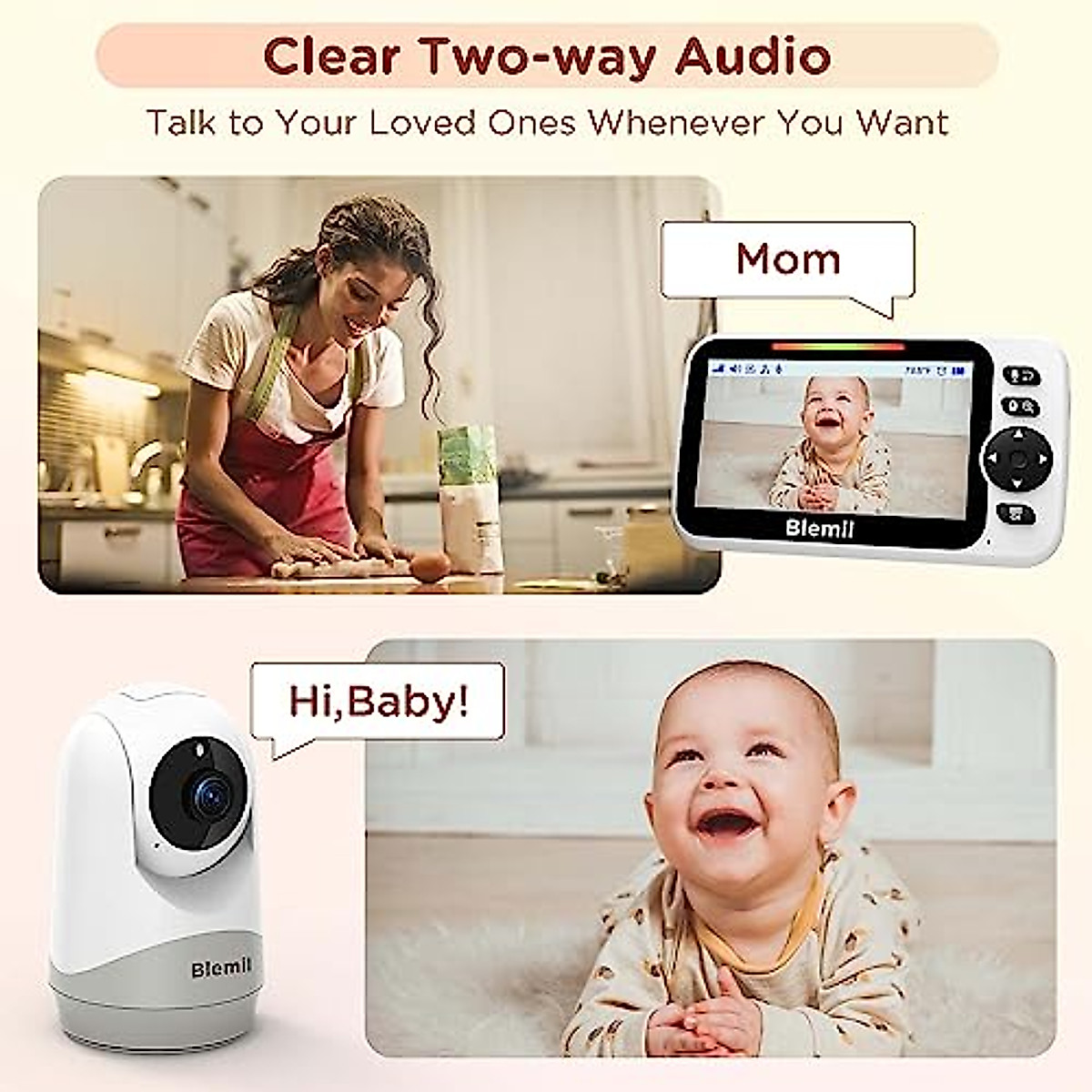 Blemil Baby Monitor with 30-Hour Battery, 5" Large Split-Screen Video Baby Monitor with Camera and Audio, Remote Pan/Tilt/Zoom Camera, Two-Way Talk, Night Vision, Lullabies, No WiFi