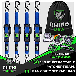 Rhino USA Retractable Ratchet Tie Down Straps (4PK) - 1,209lb Max Break Strength, includes (4) Ultimate 1" x 10' Autoretract Tie Downs with Padded Handles. Use for Boat, Securing Cargo
