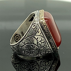 Men Handmade Ring, Red Agate Ring, Dark Aqeeq Gemstone Ring, Ottoman Style Ring, 925k Sterling Silver, Gift For Him