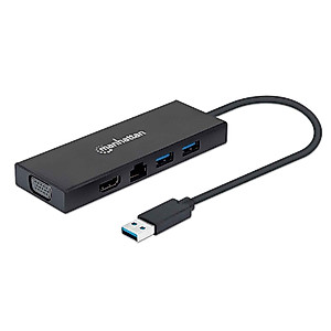 Manhattan USB-A Dock/Hub, Ports (x5): Ethernet, HDMI, USB-A (x2) and VGA, Micro-USB Power Input Port (Optional, only When add Power Needed. Not Required for Dual Monitor use. Cable not Included)
