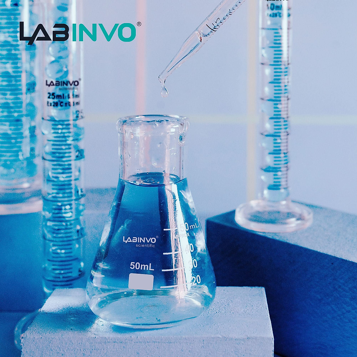 LABINVO 500ML Glass Erlenmeyer Flask, Narrow Mouth Graduated Conical Flask with Marking Spot, 6pcs of 3.3 Borosilicate Glass Flask Set, IN-EFN500