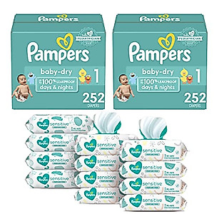 Pampers Baby Diapers and Wipes Starter Kit (2 Month Supply) - Baby Dry Disposable Baby Diapers (2 x 252 Count) with Sensitive Water Based Baby Wipes, 12X Pop-Top Packs, 864 Count