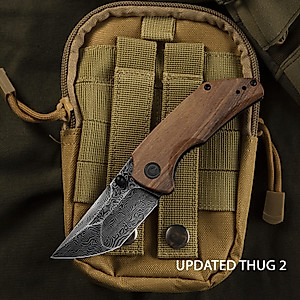 CIVIVI Thug 2 Pocket Knife for EDC, Matthew Christensen 2.69inch Damascus Blade Cuibourtia Wood Handle with Thumb Stud and Reversible Pocket Clip, Folding Knife for Utility Hiking Camping Fishing Work Outdoor C20028C-DS1