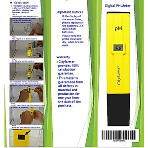 CityFarmer PH Pen, Digital pH Meter, PH Meter for Water Hydroponics, with 2 Pack of Calibration Solution Mixture Included