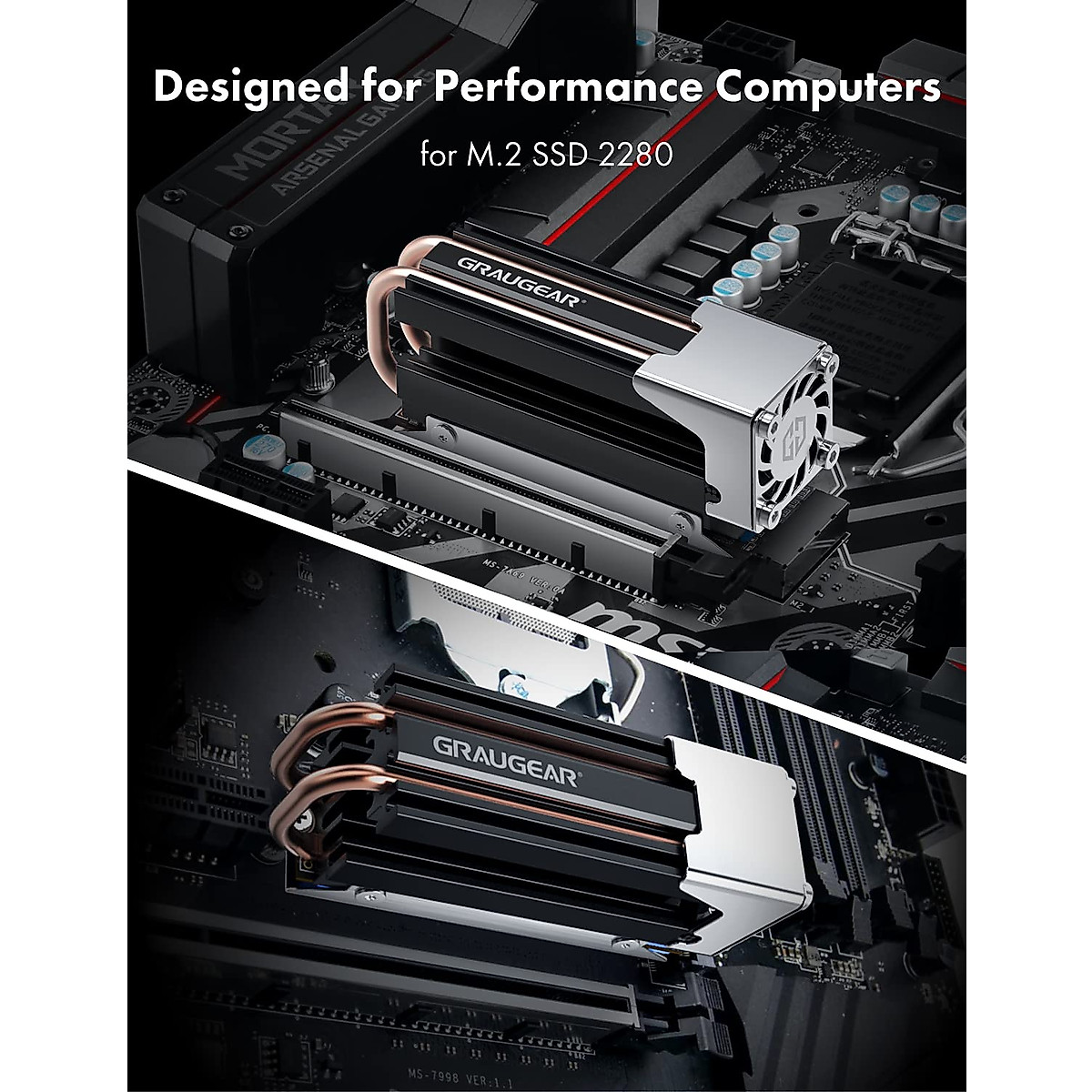 GRAUGEAR M.2 2280 SSD Heatsink, Direct-Touch Heat of Dual Copper Heat Pipes, 25mm Cooling Fan Built-in PWM Control, Aluminum Plate-Fin Design, Thermal Pads incl., 1.34 in Height [G-M2HS03-F]