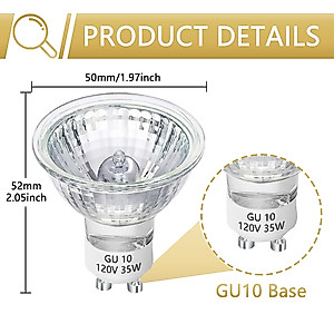 GU10 Halogen Bulb 35W Halogen Bulb 6 Packs, 120v Dimmable, 2700k Warm White Light, GU10+C MR16 Halogen Bulb, with Glass Cover, Long Service Life, Used for Track and Embedded Lighting, Range Hood