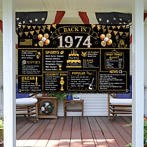 VERAT 50th Birthday Decorations for Men Women, Back in 1974 Birthday Banner, Black Gold 50 Year Old Birthday Party Poster Supplies 1974 Backdrop Photography Background