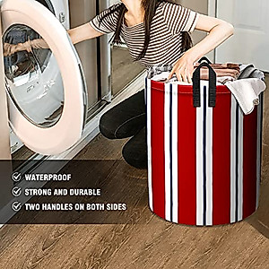 Waterproof Foldable Laundry Hamper with Handles Nautical Blue Red White Striped Round Dirty Clothes Laundry Basket Storage Bin Organizer for Toy Collection