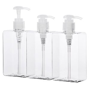 Suream Refillable Shampoo and Conditioner Bottles, 9.5oz/280ml Clear Plastic Pump Dispensers for Shower, Square Empty Bathroom Bottle for Body Wash, Essential Oil, Soap Liquid, Lotion, 3Pack