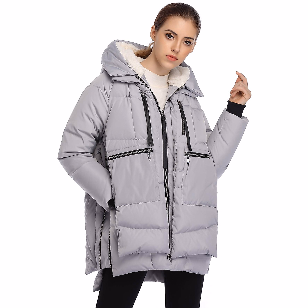 FADSHOW Women's Winter Thickened Down Jackets Long Down Coats Warm Parka with Hood,Grey,S