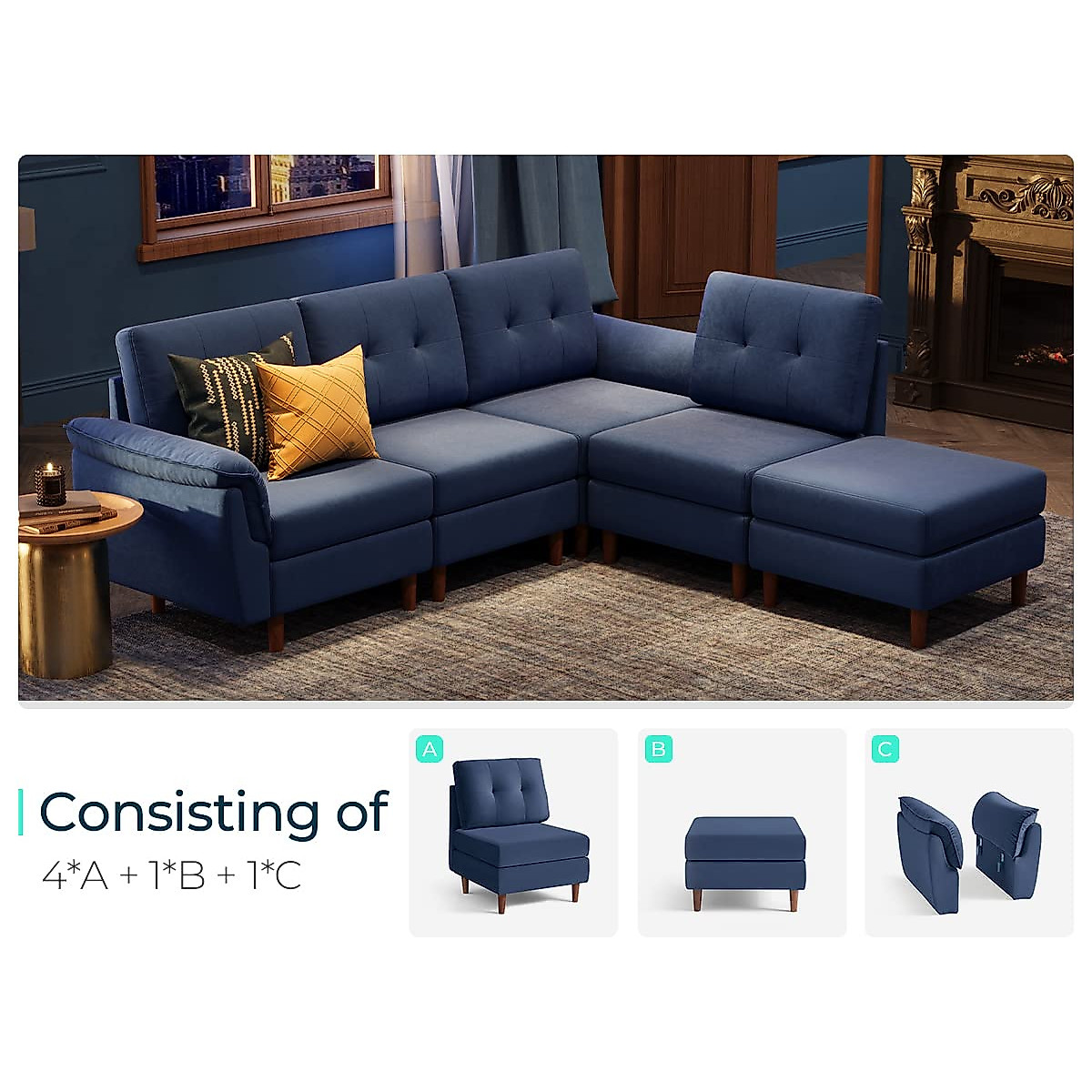 LINSY HOME Modular Sectional Sofa, Velvet Sectional Sofa Couch with Memory Foam, L Shape 5 Seat Modular Sectionals with Ottomans, Sleeper Sofa Couches with Chaise for Living Room, Blue