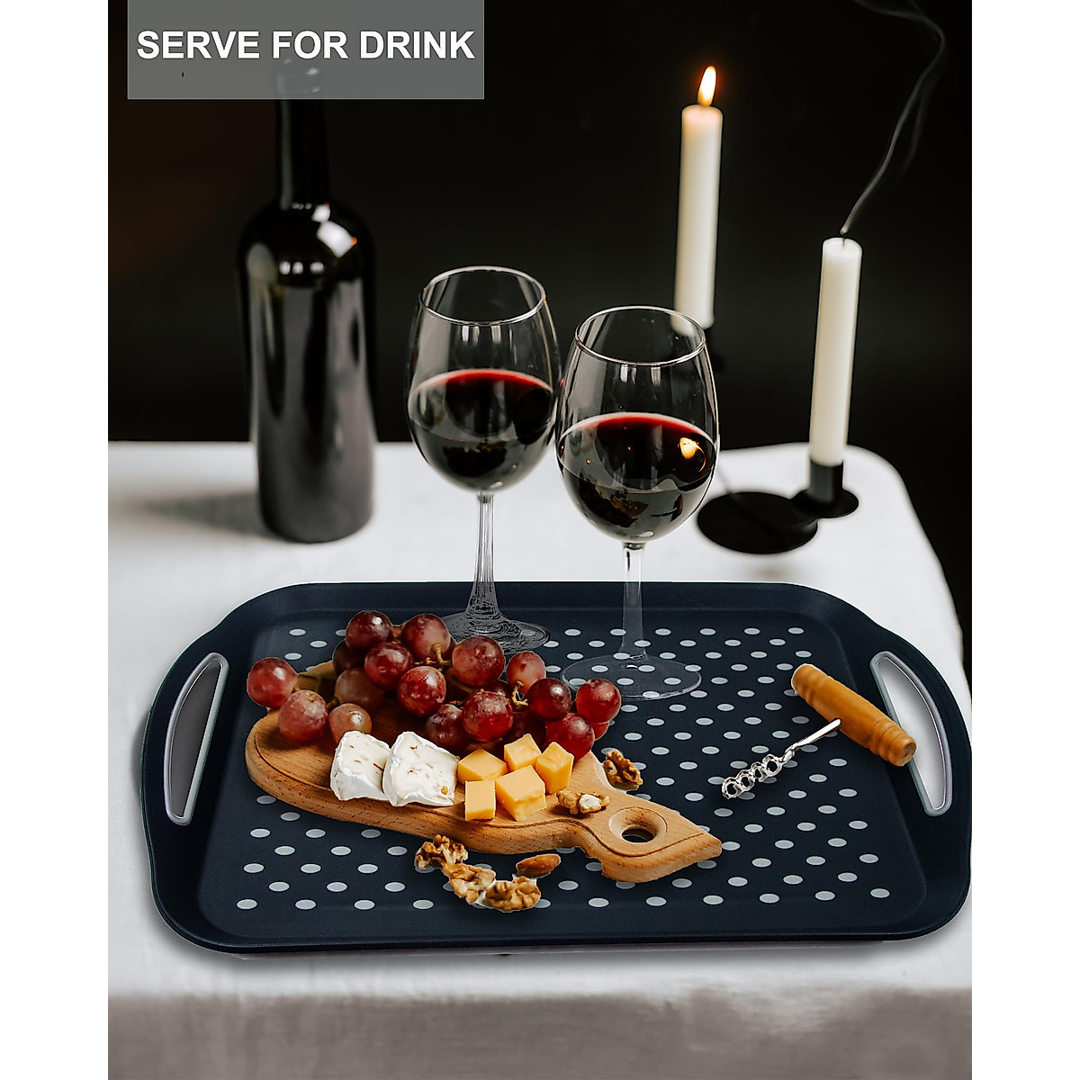 Large Nonslip Serving Tray with Handles, Silicone Grippy Dots Food Trays for Eating, Dishwasher Safe Lap Trays for Breakfast Dinner Snack Fruit Appetizers Beverage, Rectangular, Set of 2, Black