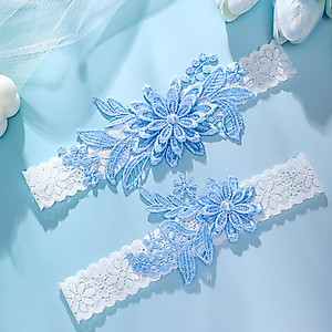 2 Pieces Wedding Garters for Bride Sexy Lace Leg Garter Belt Hand Sewn Faux Pearls Bride Garter Set(Sky Blue)