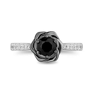 Palaksh Round Cut Black & White Diamond in 14K White Gold Over 925 Sterling Silver Diamond Black Rose Enchanted Engagement Ring for Women