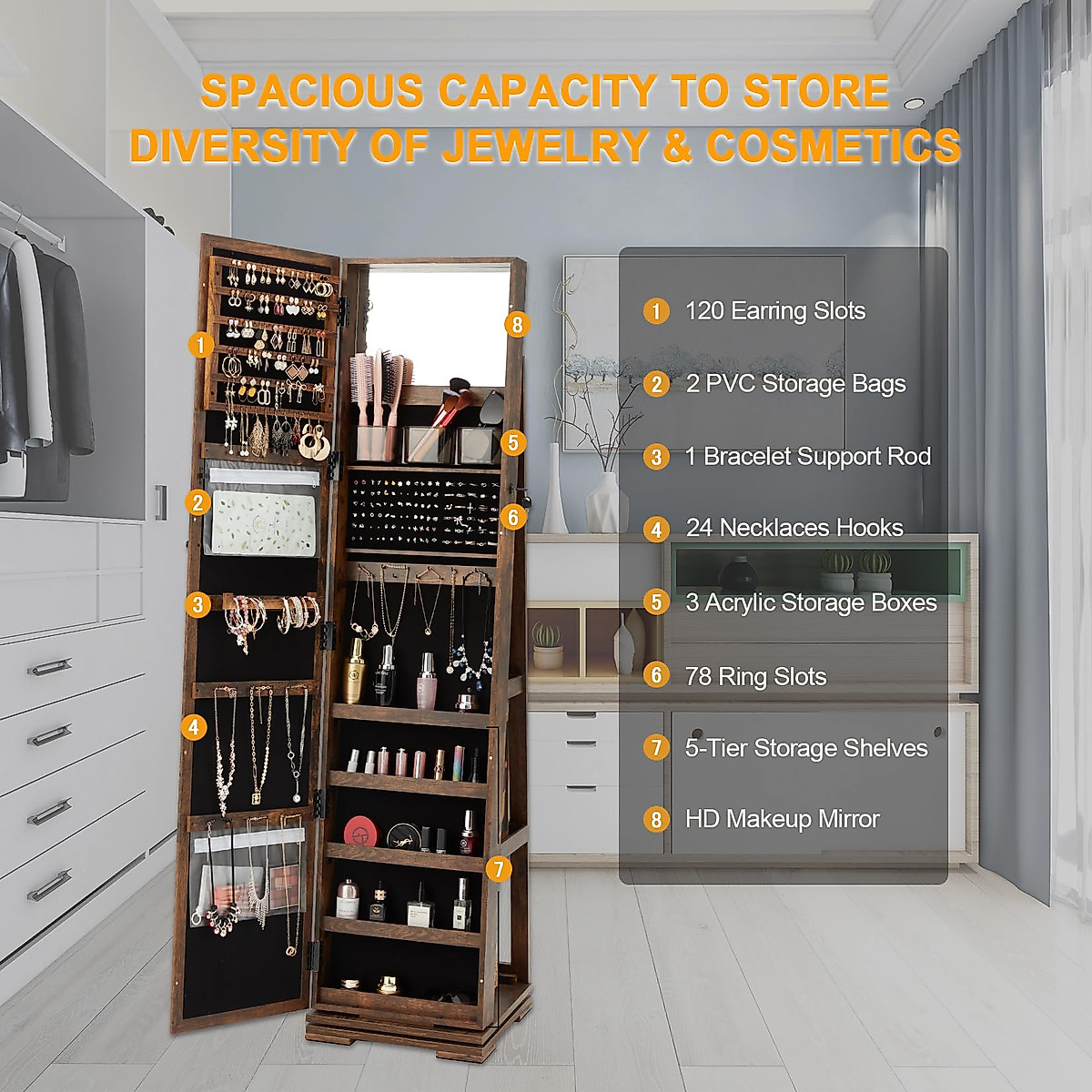 Buymoth 3-in-1 Rotating Jewelry Armoire Cabinet, Freestanding Lockable Jewelry Cabinet Organizer w/Full Length Mirror, Large Storage Capacity, Built-in Makeup Mirror & 3-Tier Rear Shelves,Rustic Brown