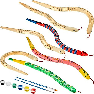 10 Pieces Wooden Snake Unfinished Wooden Wiggly Snake Jointed Flexible Wooden Snake with 12 Colors Acrylic Craft Paint and 2 Pieces Paint Brush for Arts and Crafts Halloween Party Decoration