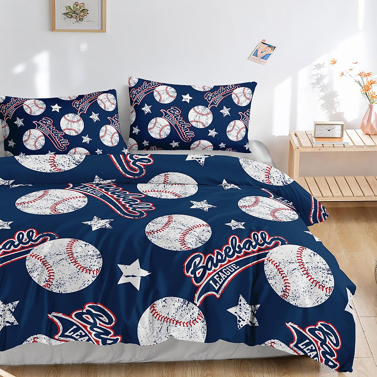 QOOMO Baseball Duvet Cover Set King Size,Sports 3 Piece Bedding Set,0 Comforter Cover with Pillowcases,Ultra Soft,100% Polyester,No Comforter,No Sheets