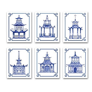 XUOIAYNB Chinoiserie Art Print-- Watercolor Chinese Blue White Pavilion Canvas Wall Art (8"x10"x6 pcs, Unframed)-Perfect for Bedroom or Study Decor