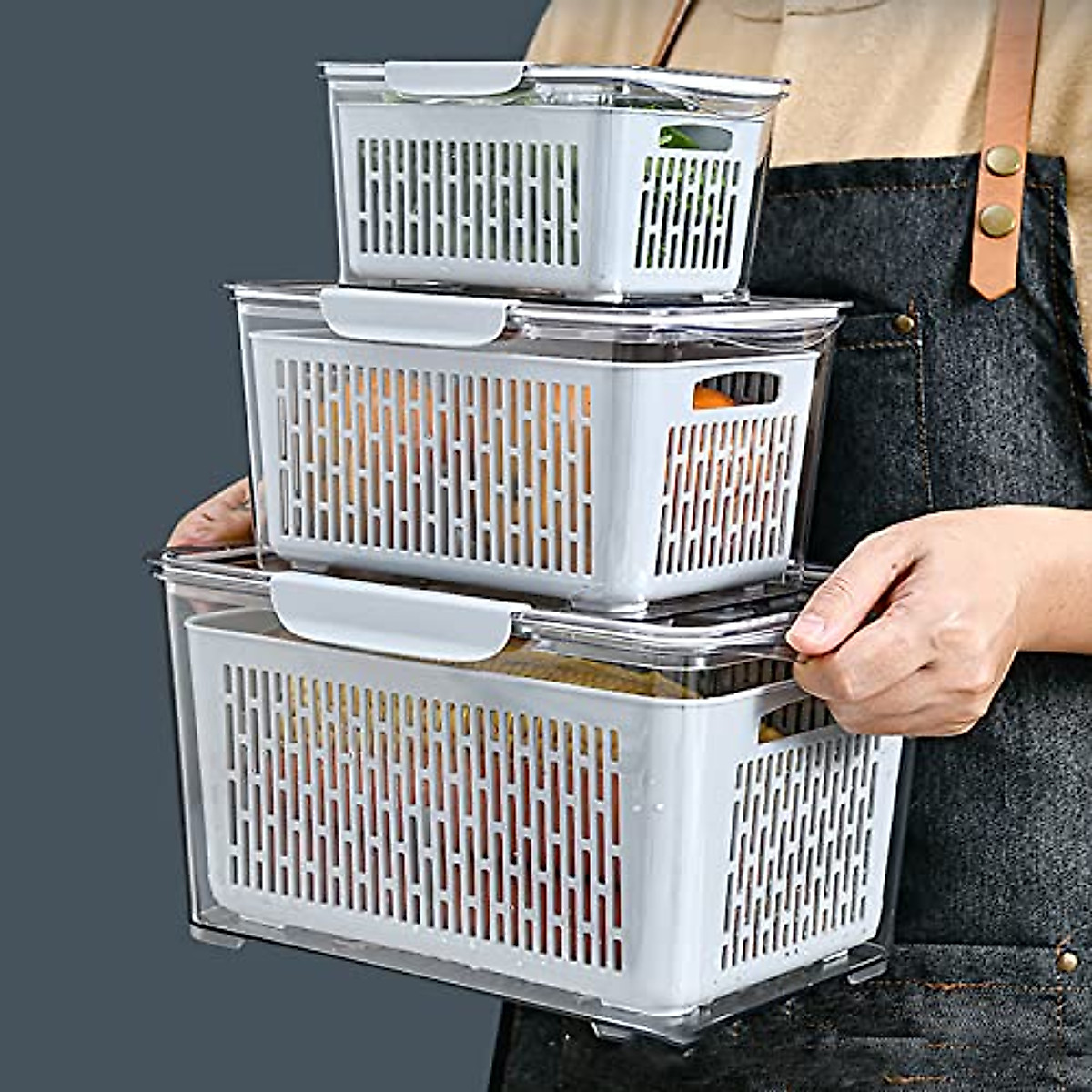 Cedilis 3 Pack Fresh Container, Produce Saver Container for Refrigerator, Vegetable Fruit Storage Container, Fridge Storage Organizer Bins with Divider, Fridge Container Box, Grey（Not Dishwasher Safe)