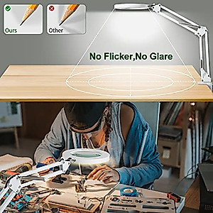 Qsky Magnifying Glass with Light and Stand, 10X Magnifying Lamp, 2-in-1 Desk Lamp with Clamp,3 Color Modes & Stepless Dimmable, LED Lighted Magnifier for Reading, Crafts, Repair, Close Work (White)