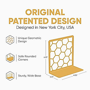 Premium Geometric Gold Honeycomb Bookends for Shelves, Metal Book Ends for Office, L-Shaped Book Stopper, Rustproof Bookends Decorative Unique for Home, 6.25 (L) x 6 (W) inches, 1 Pair - Geomod