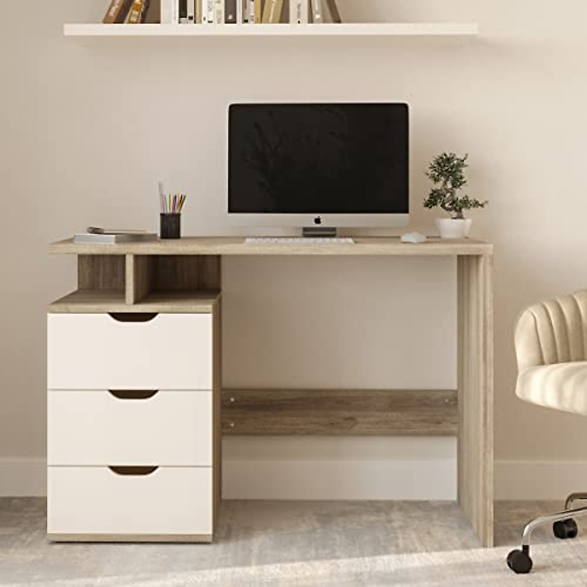 Lavish Home Computer Desk - Contemporary Desk with Attached 3-Drawer File Cabinet - for Home Office, Bedroom, Computer, or Craft Table (White)