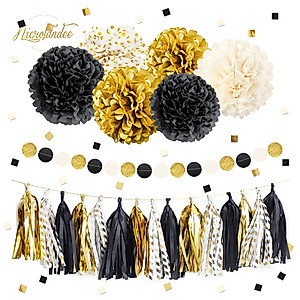 NICROLANDEE Black Gold Party Decoration, 23PCS Tissue Paper Pom Poms Kit Hanging Polka Dot Paper and Tissue Tassel for Birthday, Graduation, Wedding, New Years Decorations