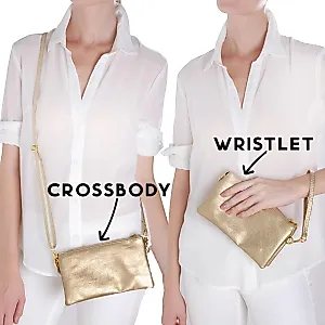 Humble Chic NY Gold Crossbody Purse - Small Gold Wristlet Purse, Crossbody Clutch Wallet for Women, Vegan Leather Clutch Wristlets for Women, Dressy Evening Handbags, Small Vegan Leather Bag