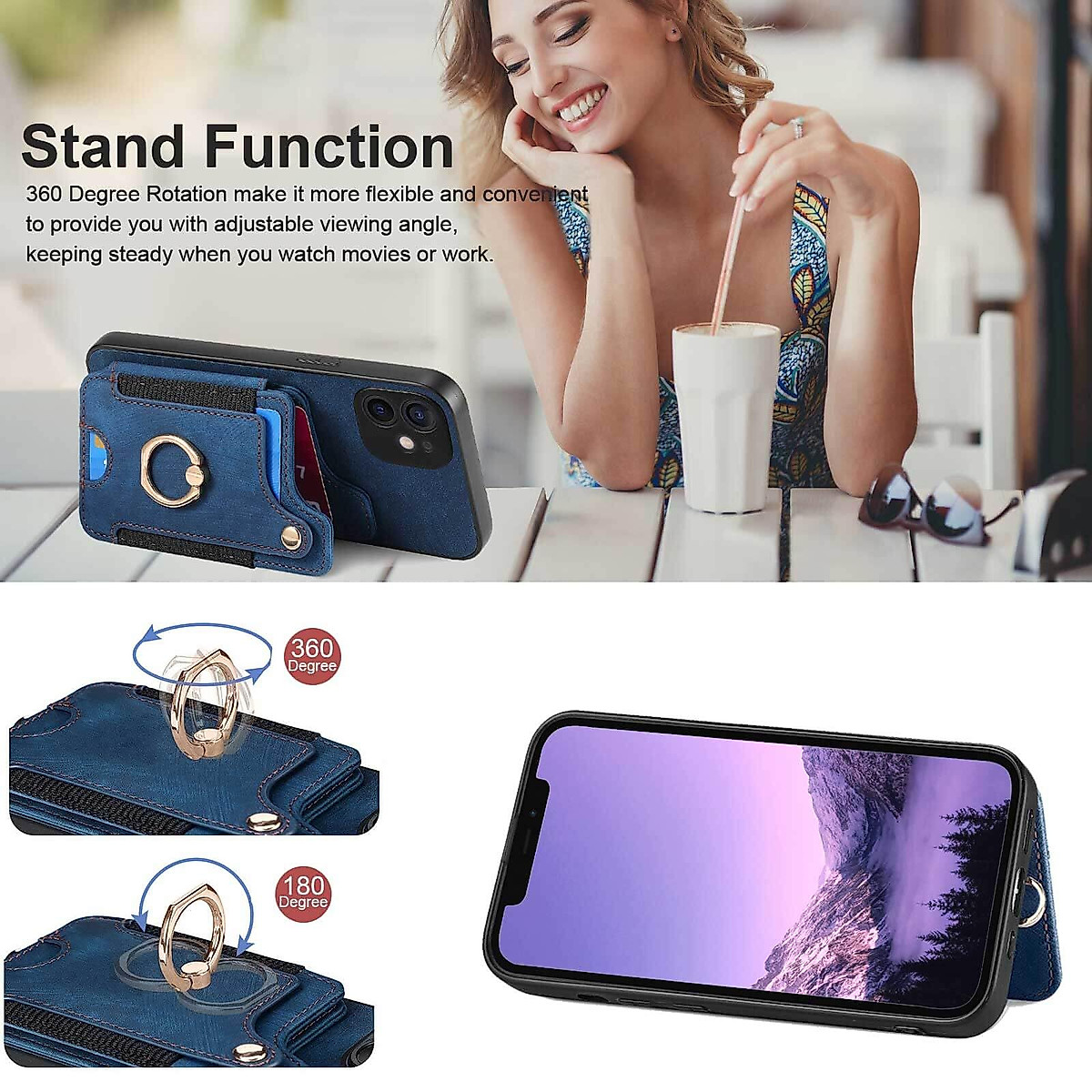 JanCalm for iPhone 12 Cases Wallet Card Holder 2023,Ring Holder Stand,RFID-Blocking,Wrist Strap,Camera Lens Protector,Leather Magnetic Protective Flip Cover for iPhone Case 12 (6.1", Blue)