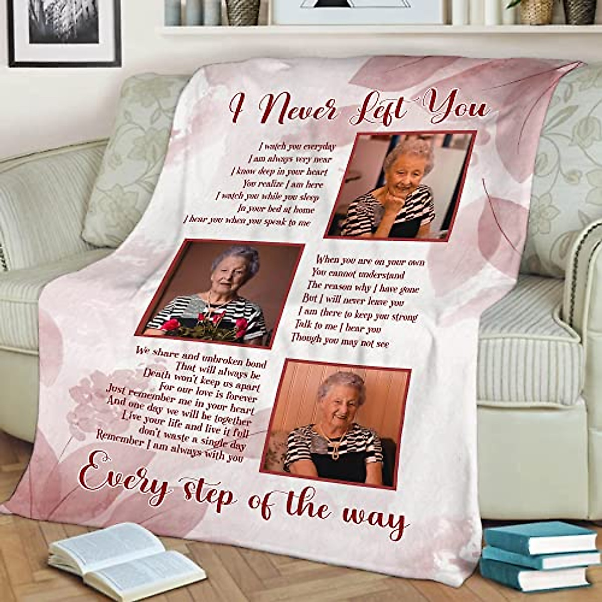 Custom Memorial Blanket, Gift for Loss of Loved Ones, Family, Friend, I Never Left You, Condolence Bereavement Gift Fleece Blanket with Personalized Pictures for Couch Bed Sofa Printed in USA