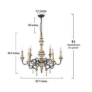 LNC Farmhouse Chandelier for Dining Room, 6-Light French Country Lighting , Handmade Wood Chandelier with Drop Pendants, Distressed White, 30.7”Dia