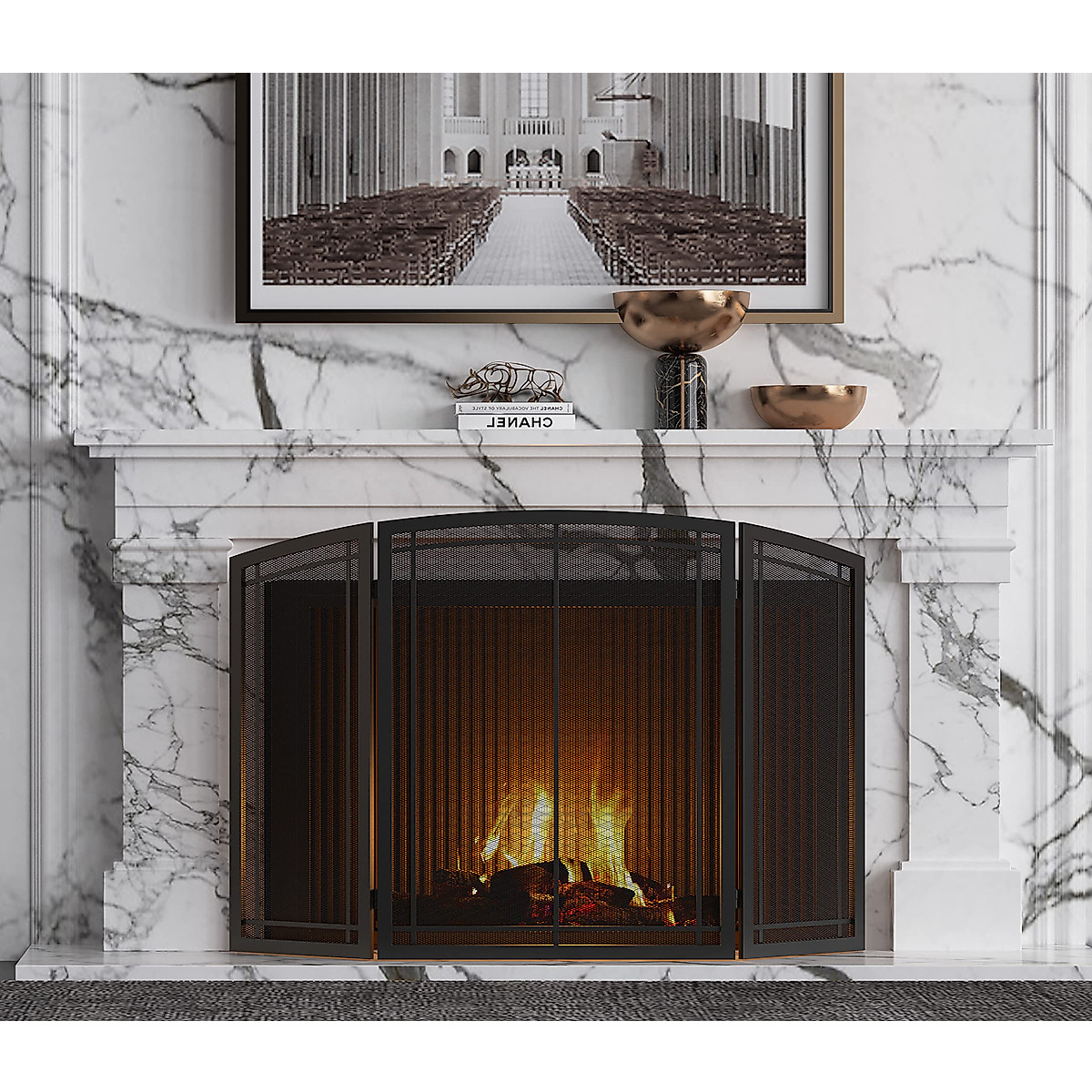 FireBeauty Fireplace Screen 3 Panel Wrought Iron Black Metal 48"(L) x30(H) Spark Guard Cover (Modern)