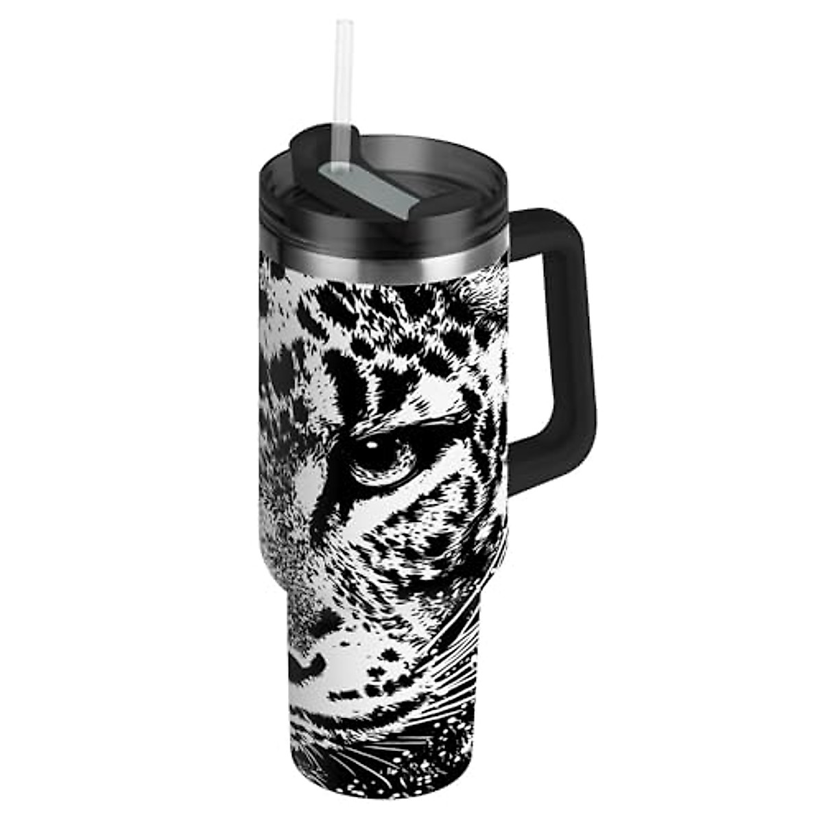 Flradish 30oz Tumbler with Handle, White Black Leopard Portrait Stainless Steel Tumbler with Lid and Straws Double Wall Vacuum Insulated Leakproof Coffee Travel Mug