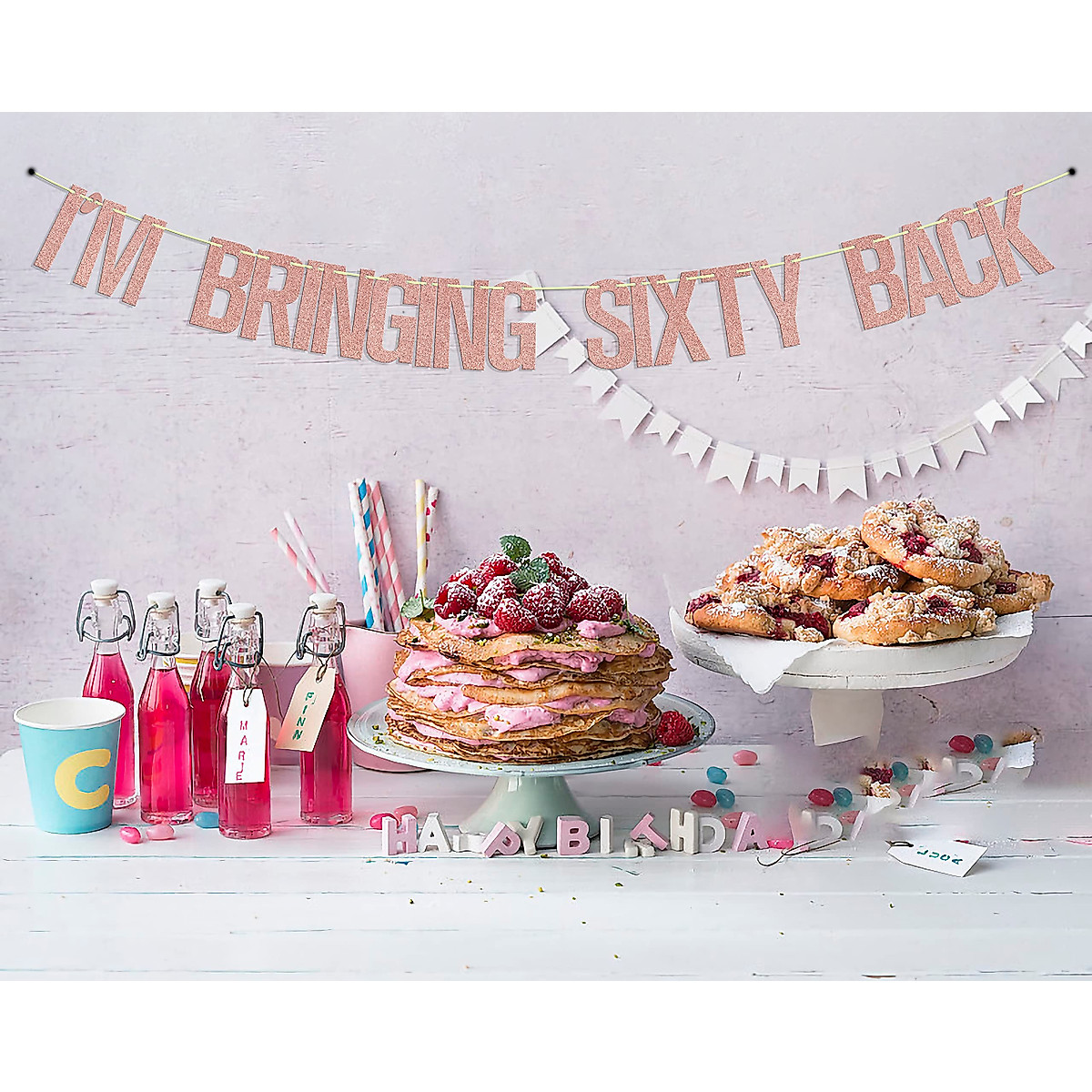 I'm Bringing Sixty Back Banner, 60th Birthday Decorations, Cheers to 60 Years/I'm 60, Funny Sixty Birthday Party Decors, 60th Anniversary and Birthday Party Supplies Rose Gold Glitter