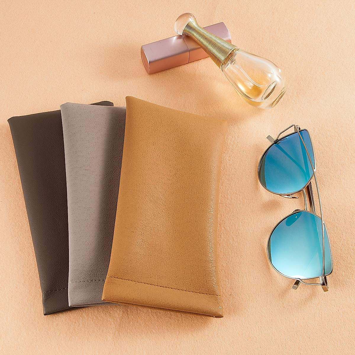 Squeeze Leather Sunglasses Pouch - 3 Pack Spring Storage Glasses Pouch Holder Soft Sunglasses Case (Khaki,Grey,Dark Grey)
