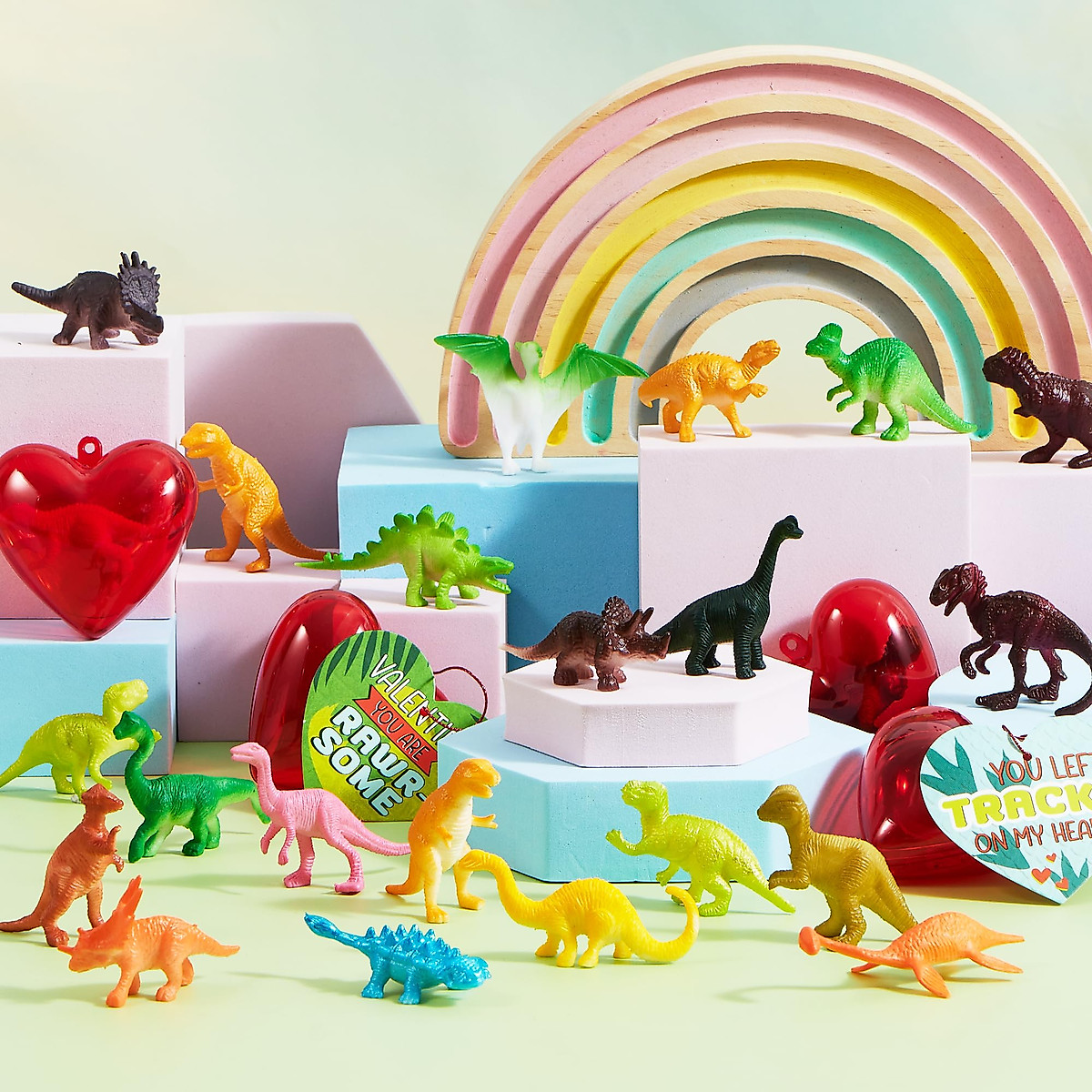 JOYIN 28 Pack Valentine Day Gift for Kids, Dinosaur Toys Figures Filled Hearts with Valentine Cards for Kids Classroom Exchange Party Favors, Valentine Gift Exchange, Game Prizes Carnivals Gift