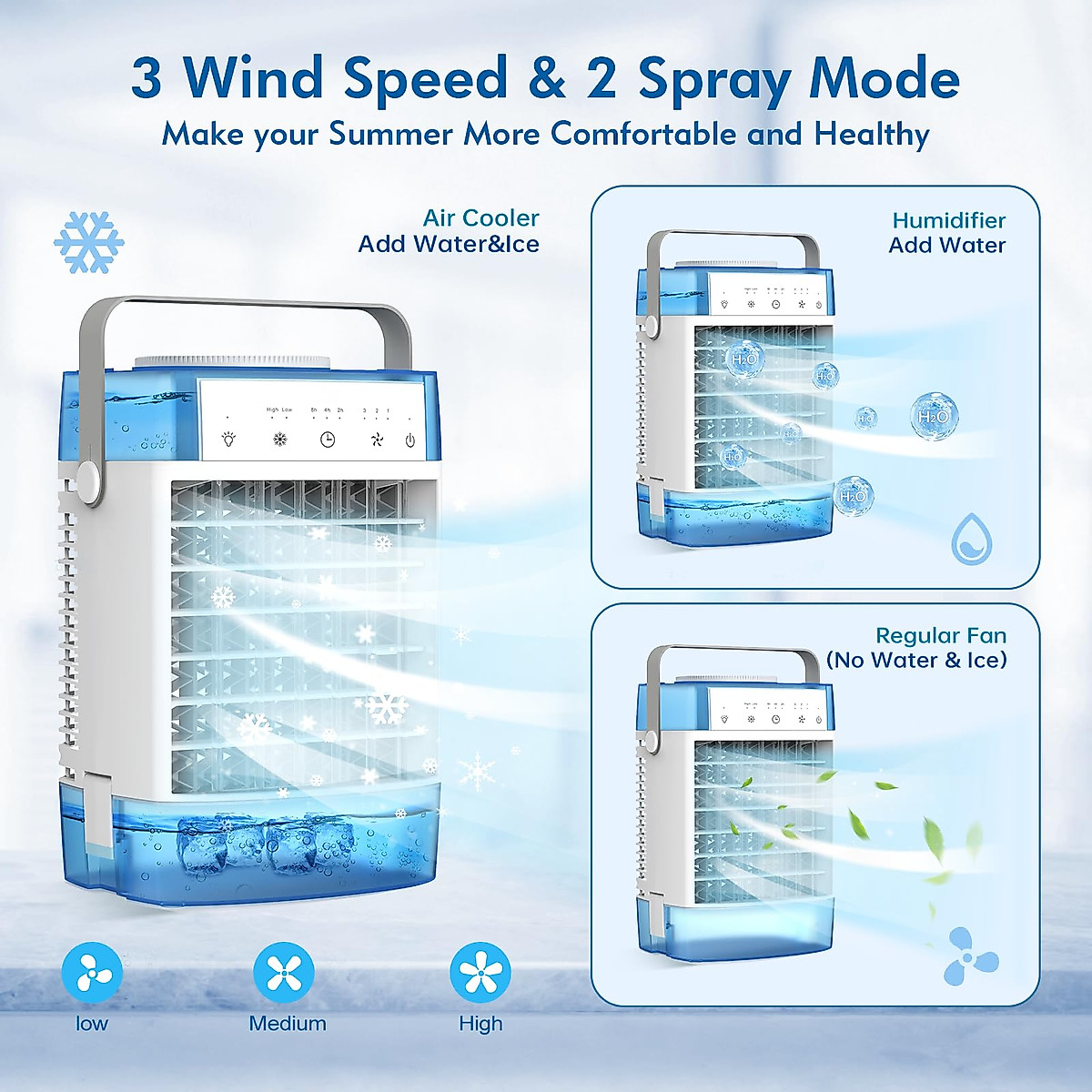 RCCVEI Portable Air Conditioners,3-Speed Small AC Unit, Evaporative Air Cooler with Timer function,7-Color Nightlight,Double Tank, 2 Mist modes,Personal Air Conditioner for Bedroom,Office,Room-Blue