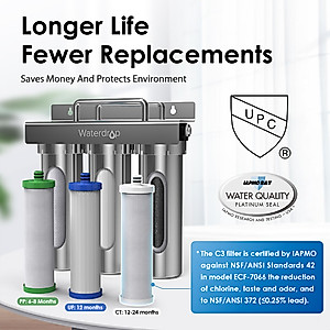 Waterdrop TST-UF 0.01μm Ultra-Filtration Under Sink Water Filter, Stainless Steel, 5X Service Life,Remove 99.99% of Contąminants Larger Than 0.01μm, USA Tech (3 Filter Included)